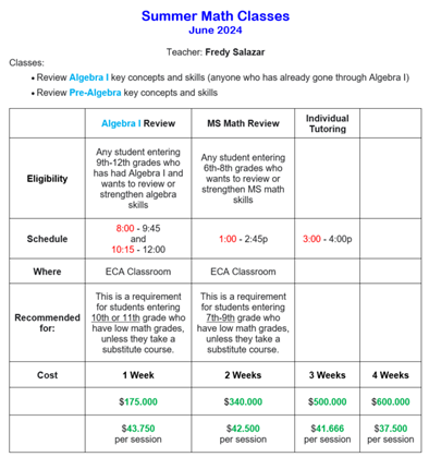 Summer math classes - El Camino Academy